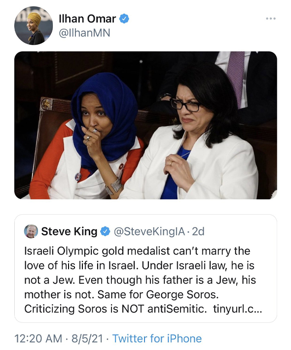 Ilhan Omar Tweets, Deletes Response to Steve King Jew Tweet