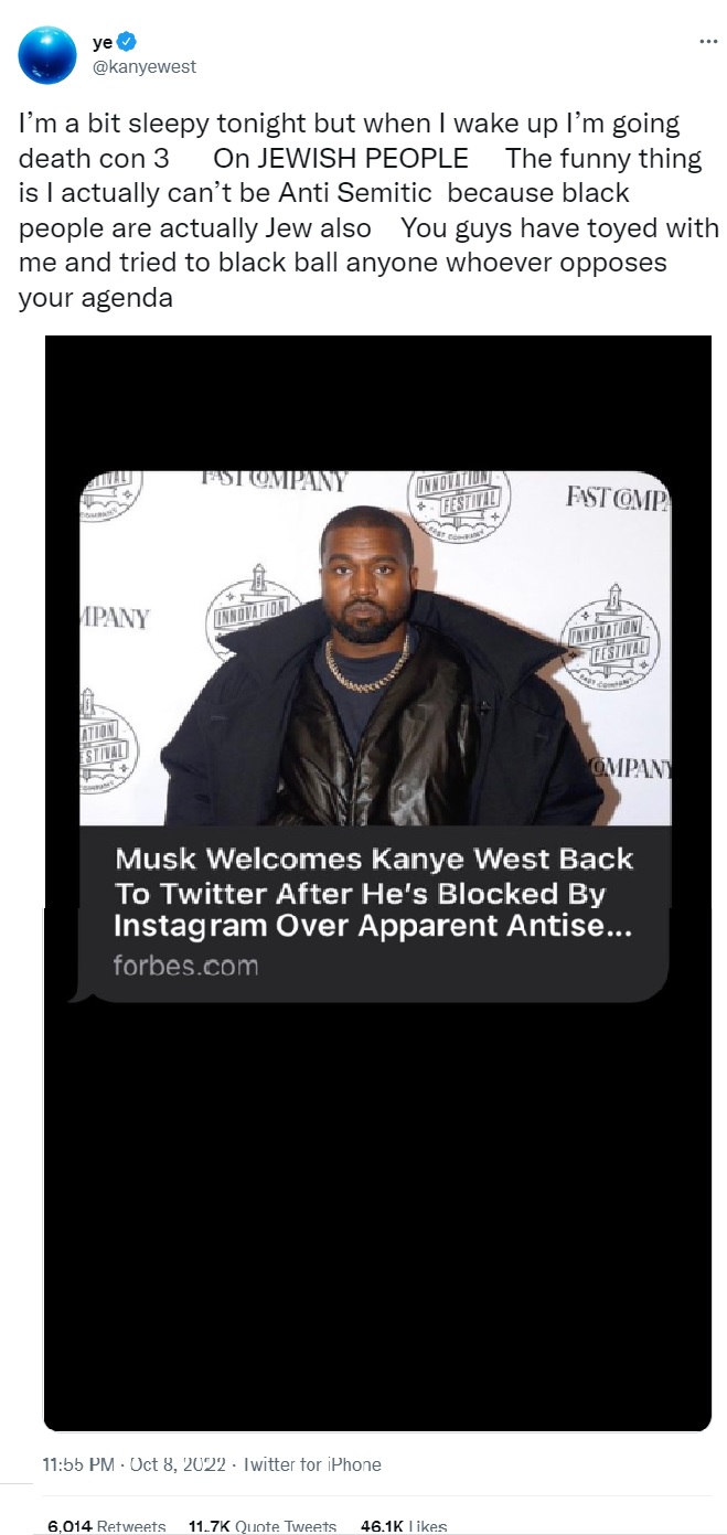 Kanye Post Shocking Rant 'On JEWISH PEOPLE' In Deleted Tweet