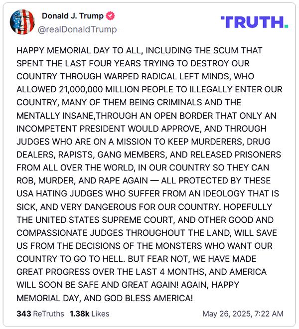 Trump Deletes, Reposts Memorial Day Screed Ripping SCUM Dems